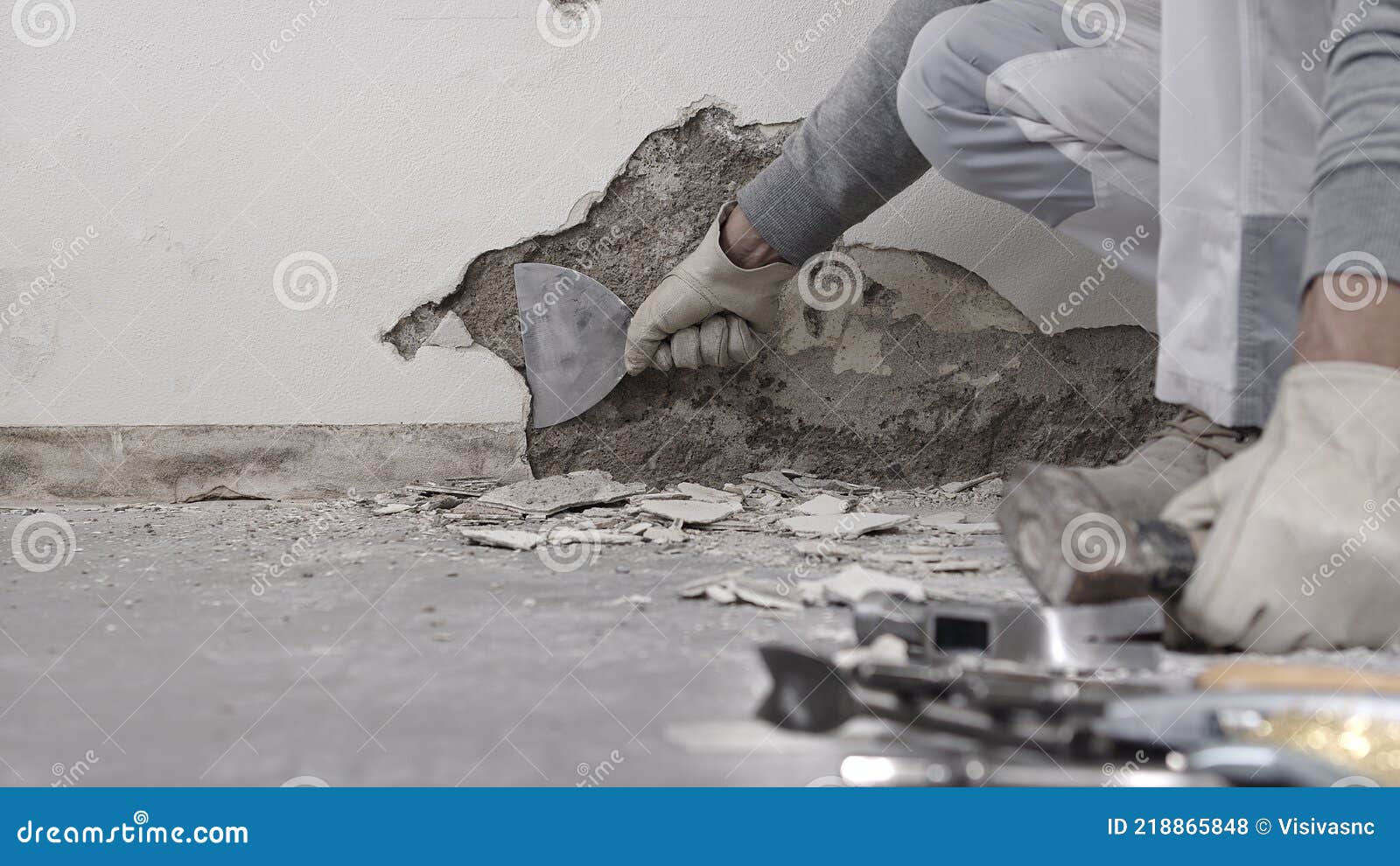Construction Worker Hands with Gloves Working with Spatula Scrape Off ...