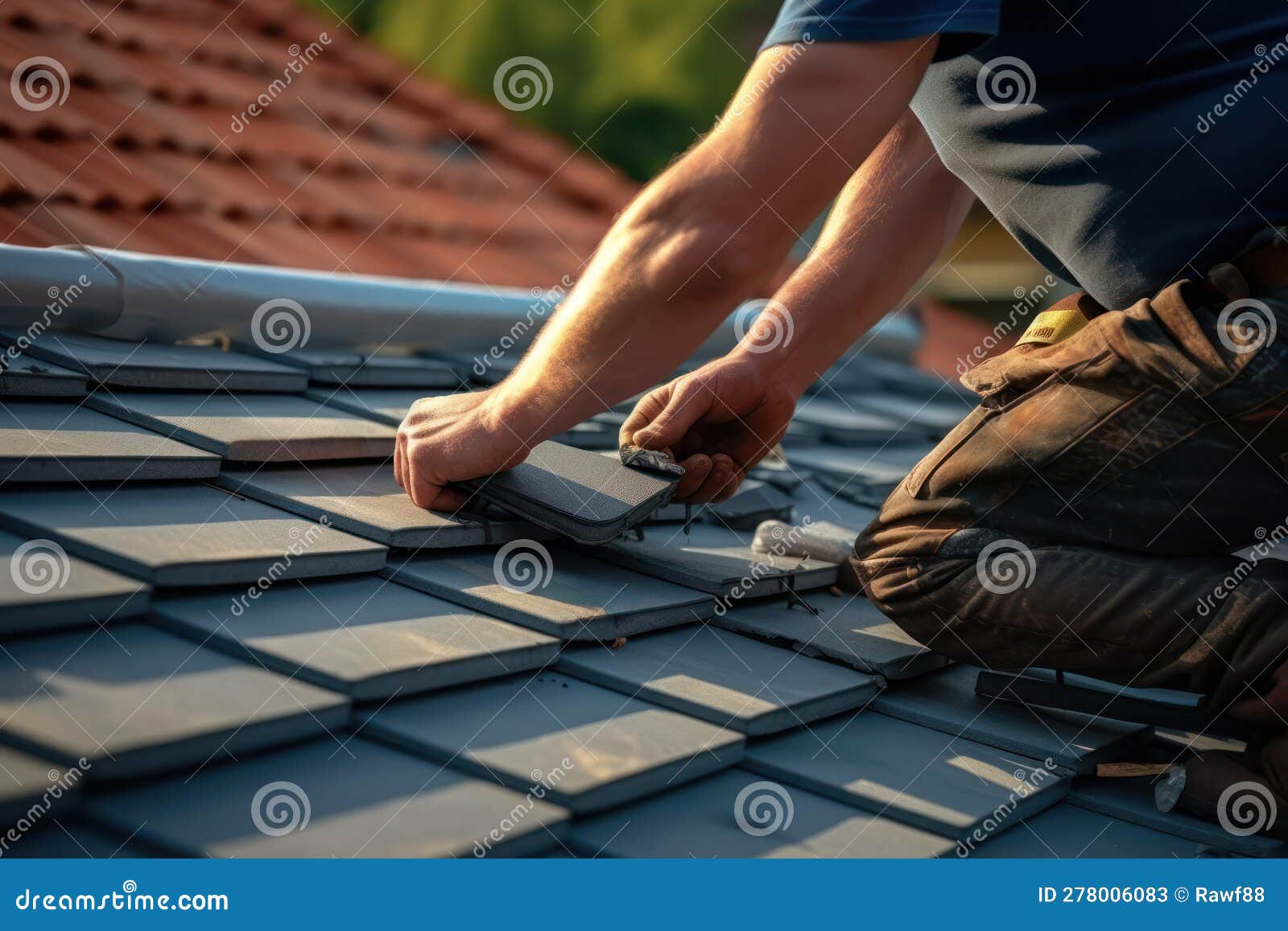 Construction Worker Hands Working on Roof Tiles Installation Closeup ...