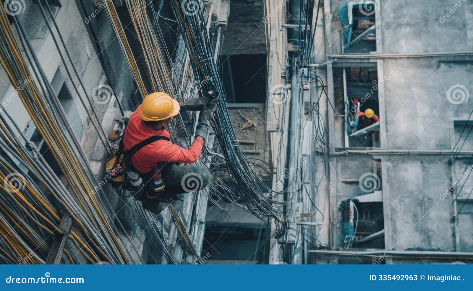 Construction Worker Hanging from Side of Building with Wires Stock ...