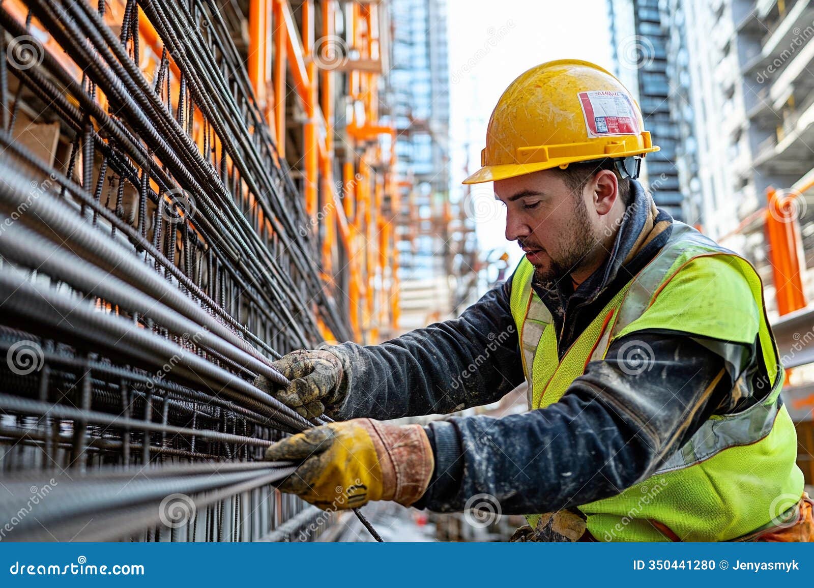 A Construction Worker in a Hard Hat Meticulously Arranges Steel Bars at ...