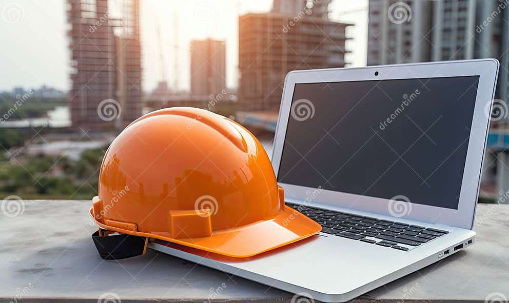 Construction Worker with Hard Hat Using Computer at Job Site Creating ...