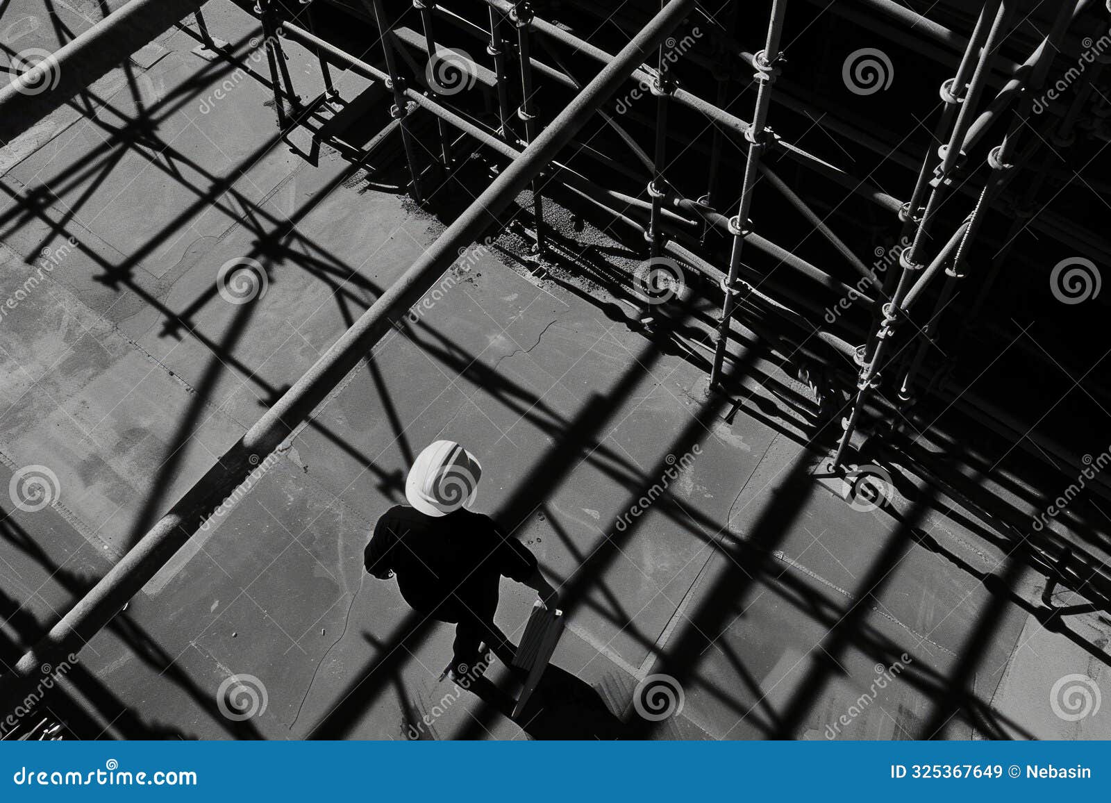 A Construction Worker in a Hard Hat Walks through a Scaffolding ...