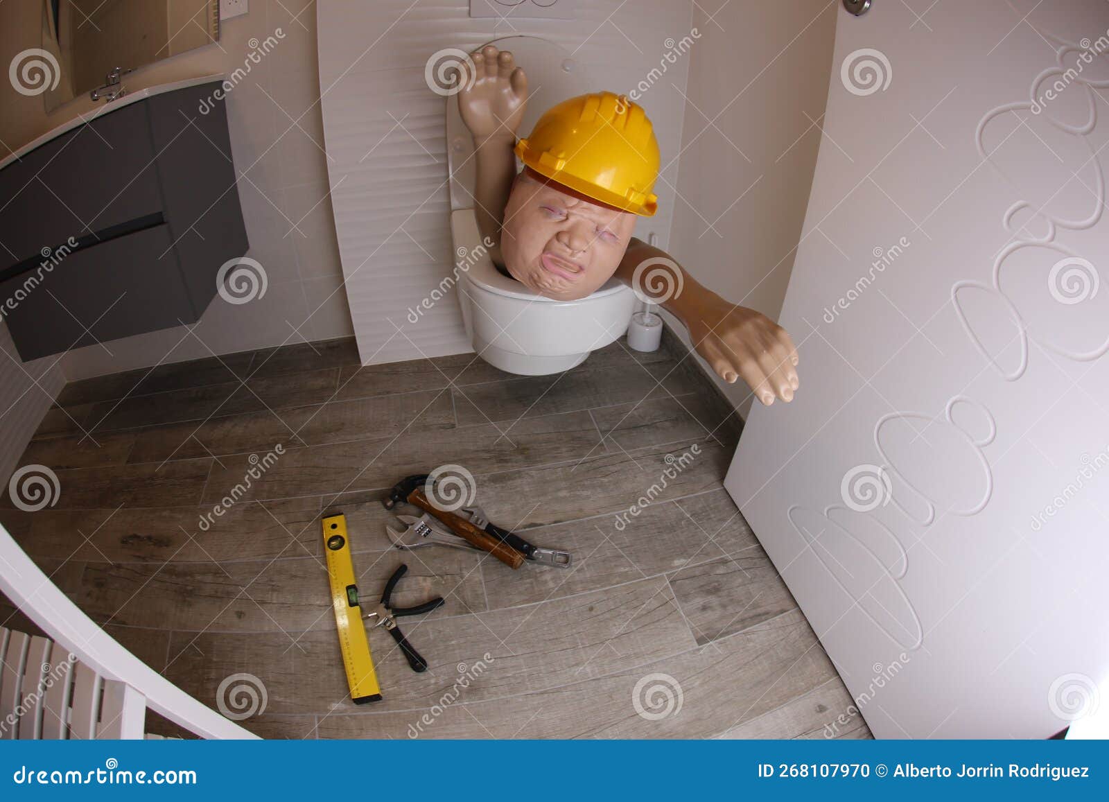 Construction Worker Having Spooky Accident in Bathroom Stock Photo ...