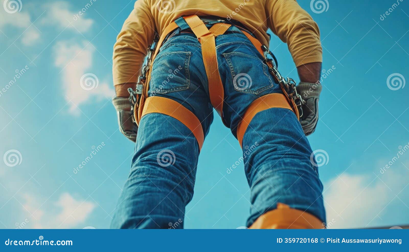 Construction Worker at Height, Securing Safety Harness Fall Protection ...