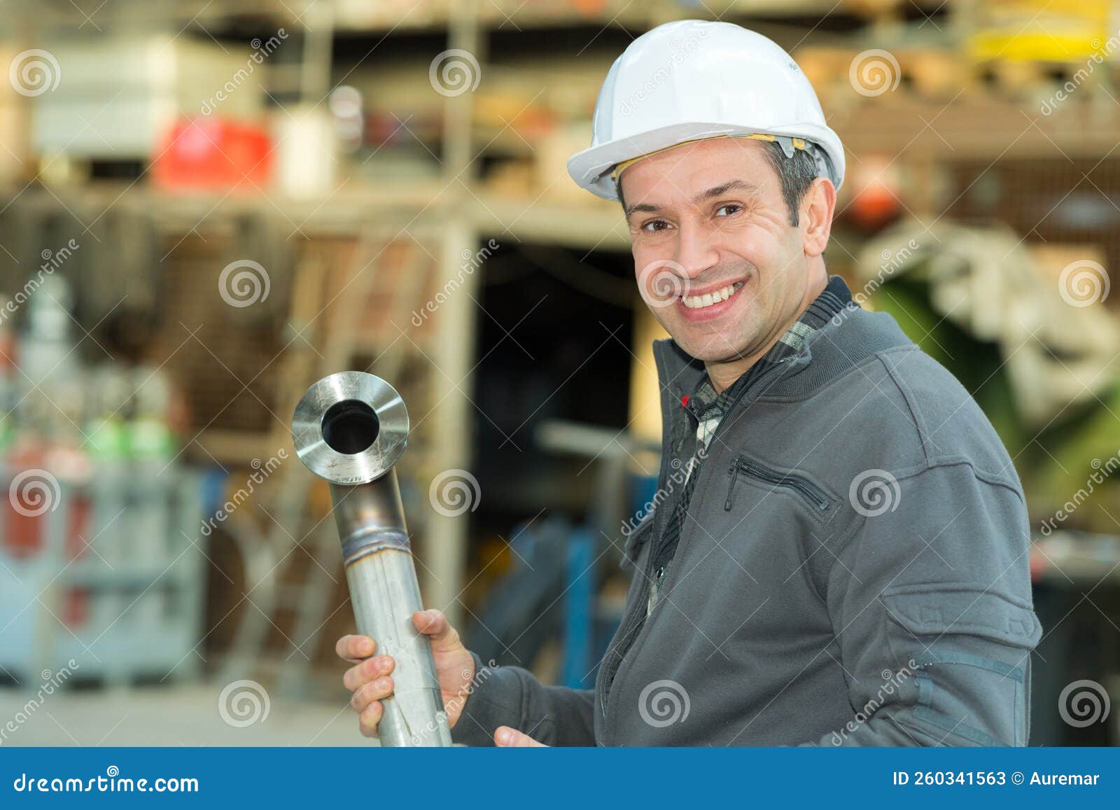 Construction Worker with Helmet and Pipe Looking at Camera Stock Image ...