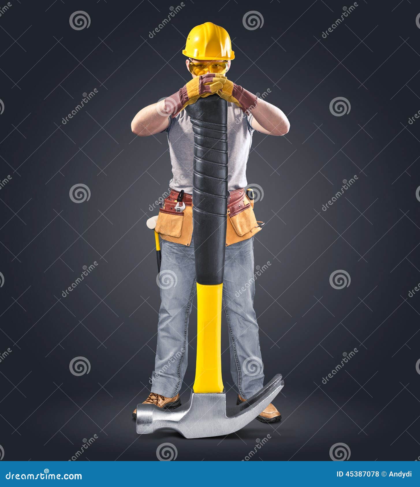 Construction Worker in Helmet with Tool and Hammer Stock Photo - Image ...