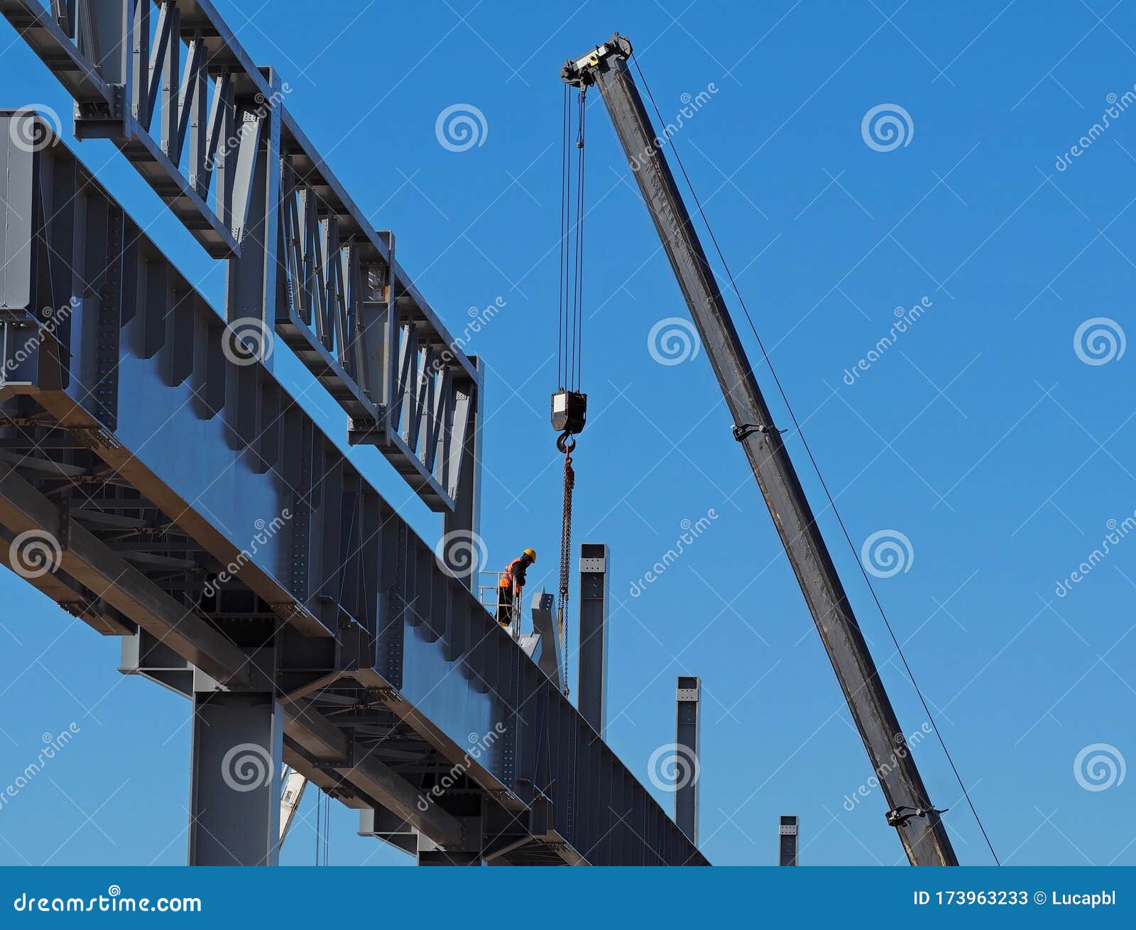Mobile Telescopic Boom Crane On Bridge Construction. Truck Crane Work ...