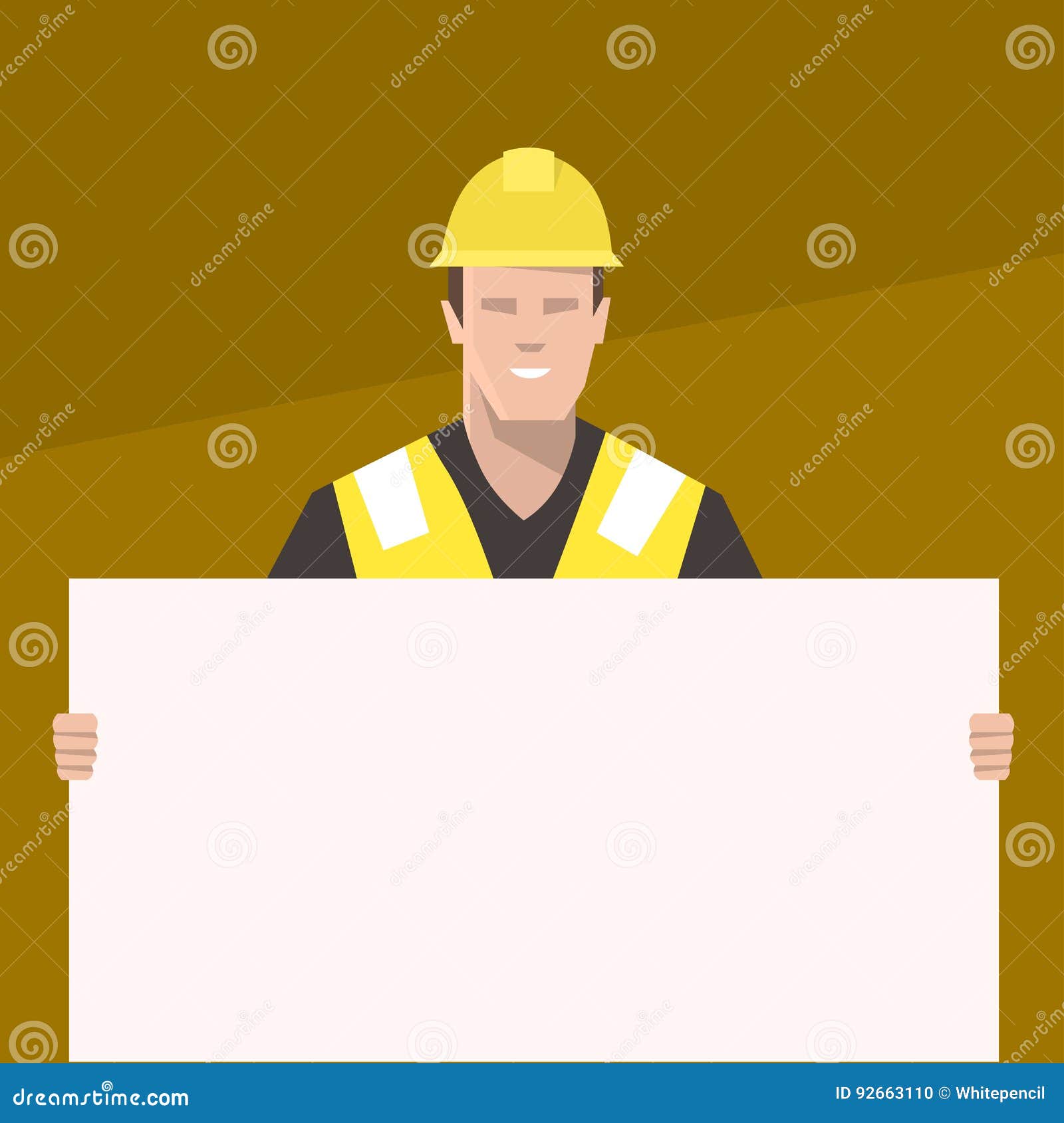 Construction Worker Holding A Blank Sign. Flat Vector Illustration ...