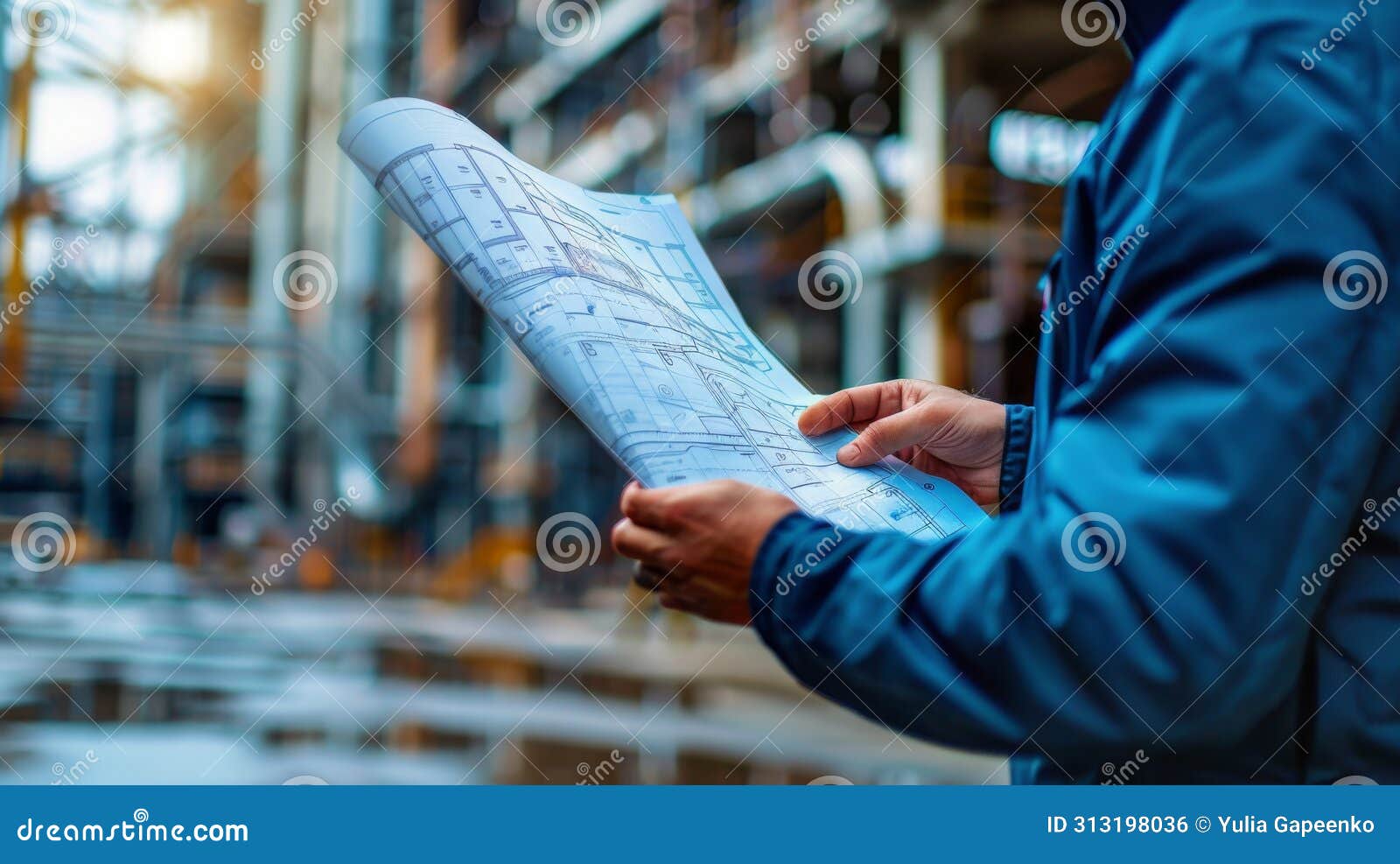 Construction Worker Holding Blueprint Near Building Stock Illustration ...