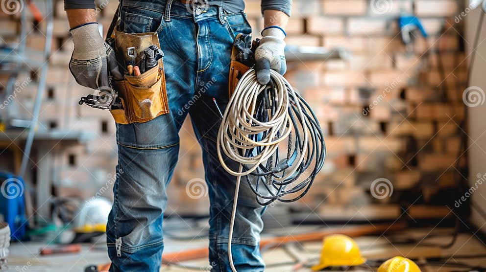 Construction Worker Holding Cables and Wearing a Tool Belt Stock ...