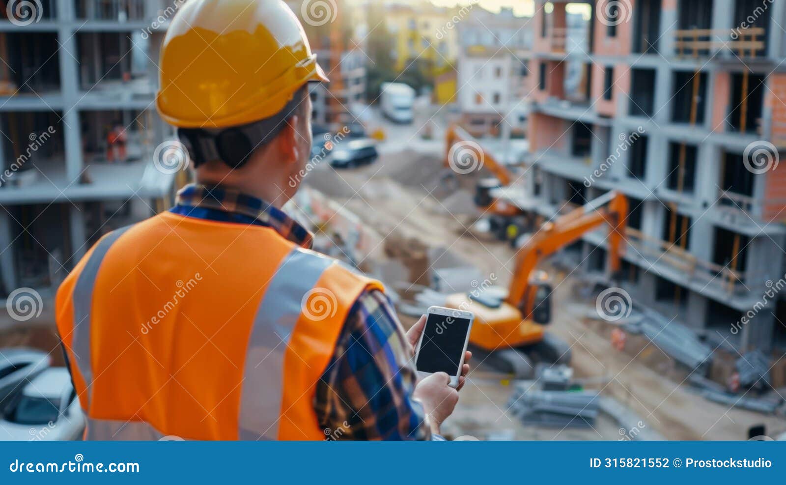 Construction Worker Holding Cell Phone Stock Photo - Image of engineer ...