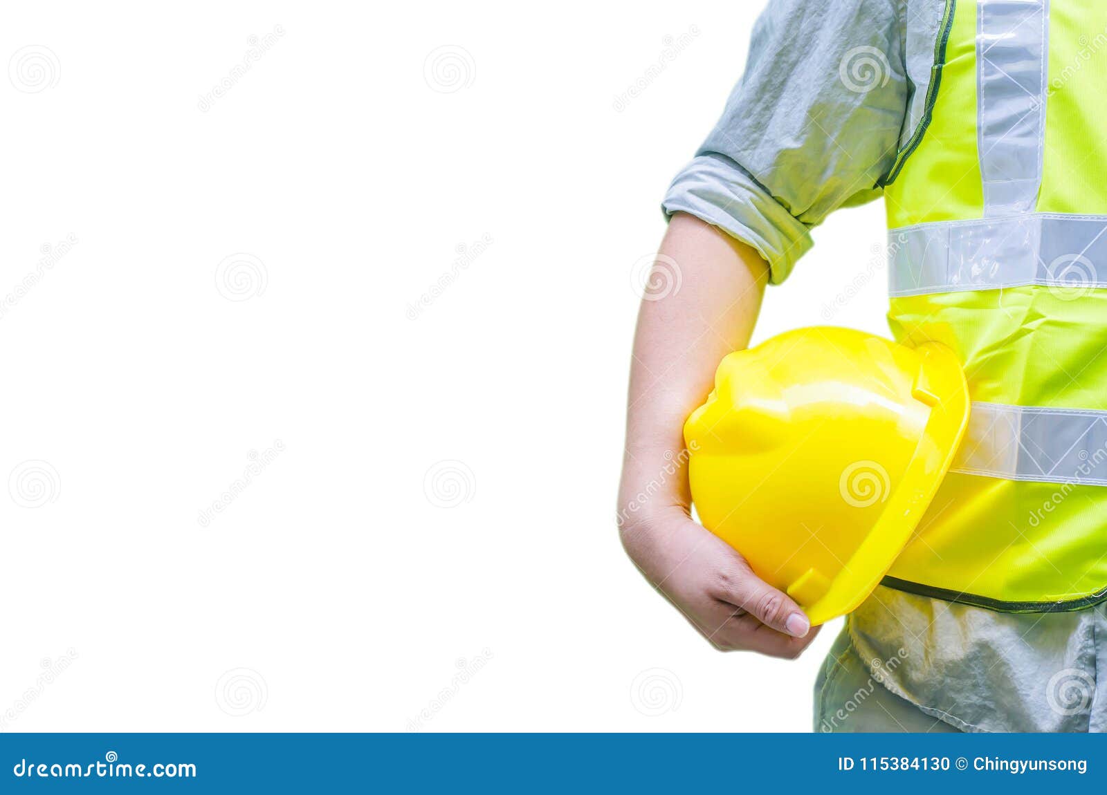 Construction Worker Holding Hard Hat with White Background Stock Photo ...