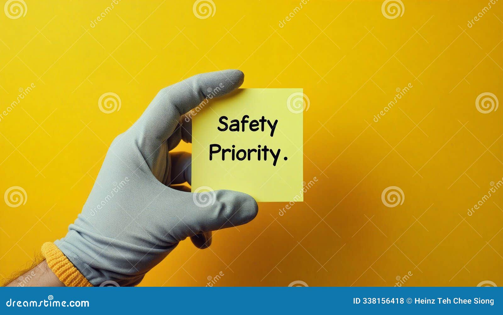 Construction Worker Holding Safety Priority Sign on Yellow Background ...