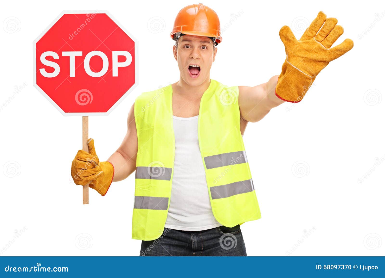 Construction Worker Holding a Stop Sign Stock Photo - Image of ...