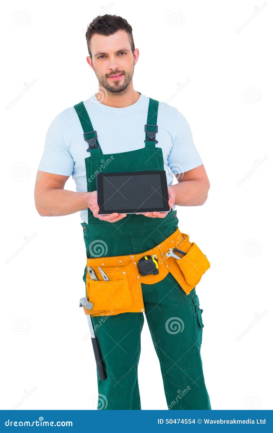 Construction Worker Holding Tablet Pc Stock Photo - Image of repairman ...