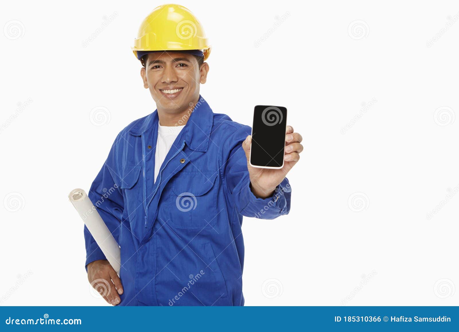 Construction Worker Holding Up a Mobile Phone Stock Photo - Image of ...