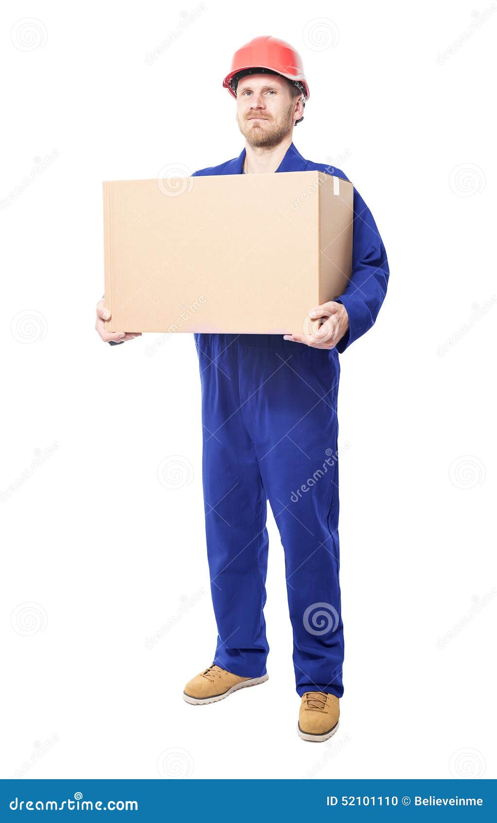 Construction Worker Holds Carton Box. Isolated on Stock Photo - Image ...