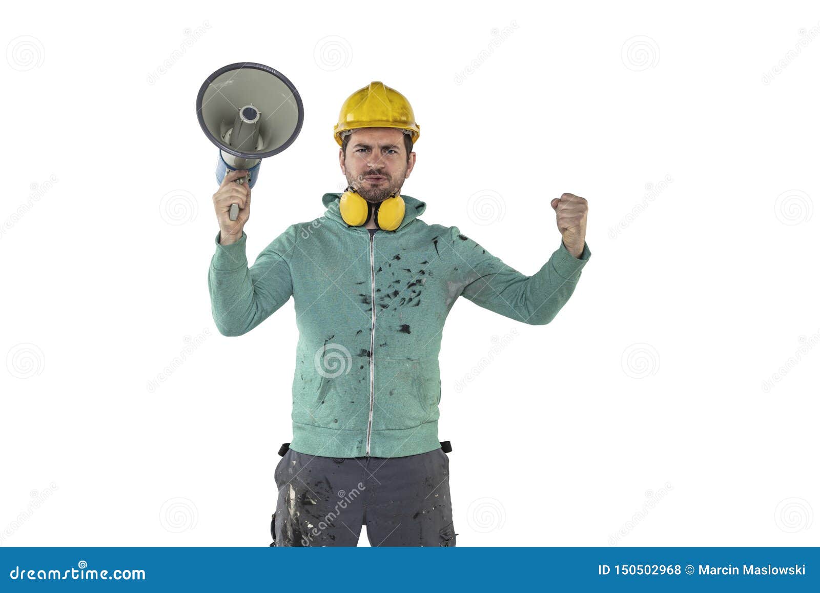 The Construction Worker Holds a Megaphone in His Hands, the Concept of ...