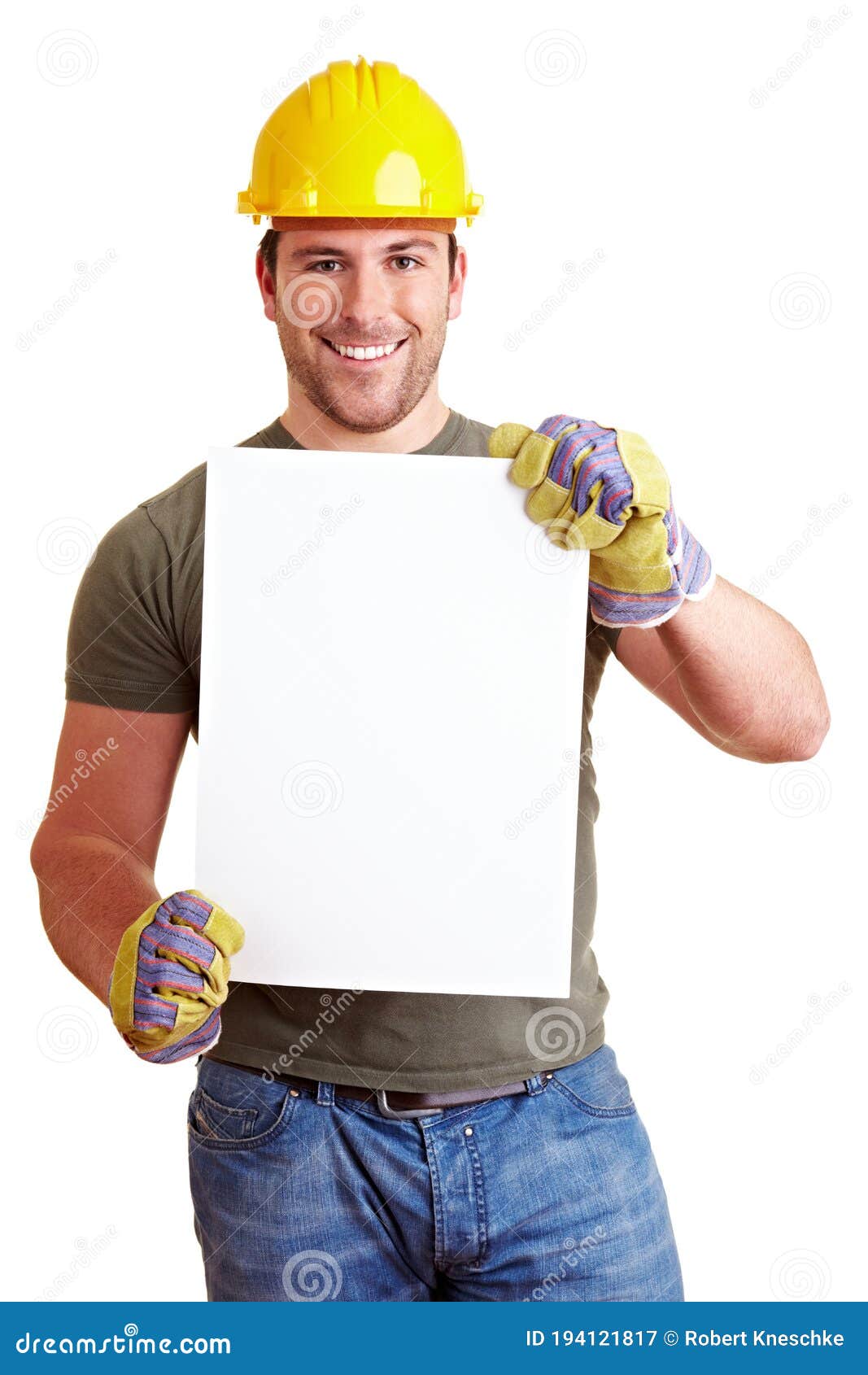 Construction Worker Holds White Sign Stock Image - Image of blue, nice ...