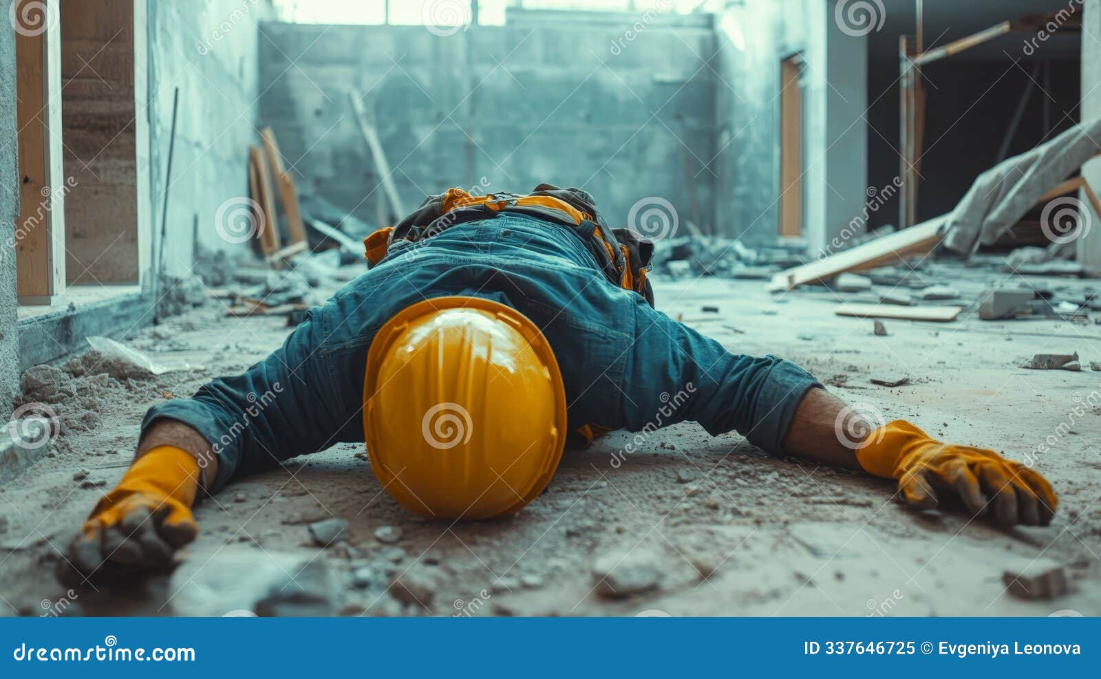 Construction Worker Injured on Site Rear View of Worker Lying on Floor ... Construction Worker Injured on Site Rear View of Worker Lying on Floor ...