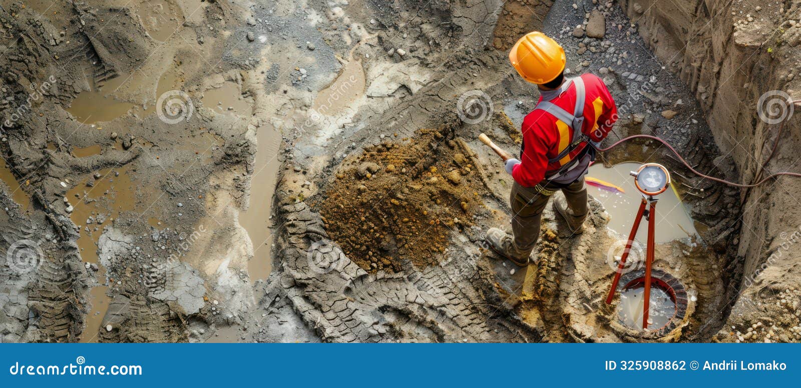 Construction Worker Inspecting Excavation Site with Light Stock Photo ...