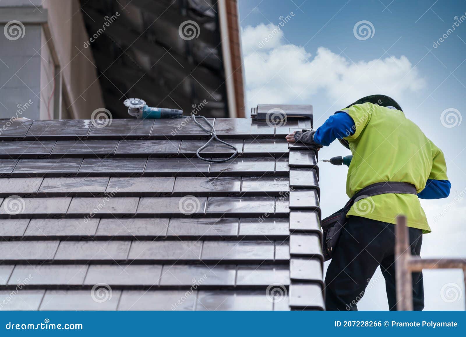 Construction Worker Install Install New Ceramic Tile Roof, Roofing ...