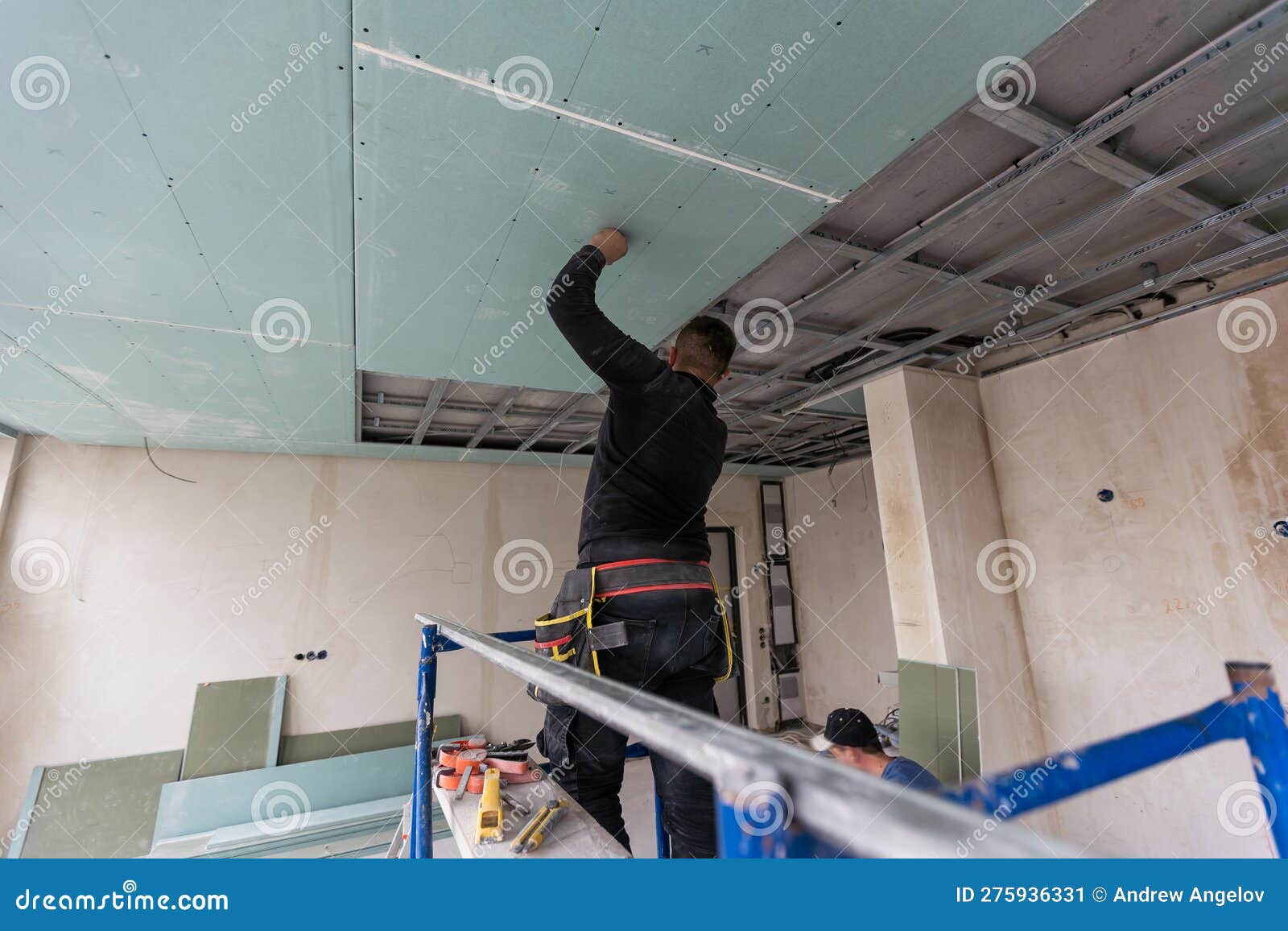 Construction Worker Installation Ceiling Work Stock Image - Image of ...