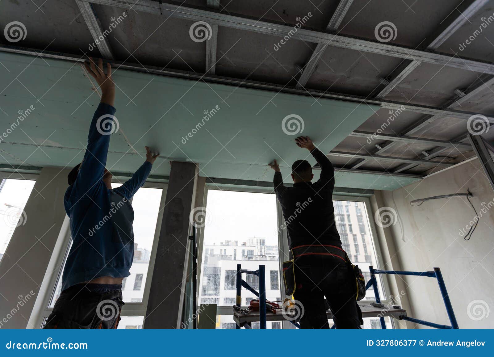 Construction Worker Installation Ceiling Work Stock Image - Image of ...
