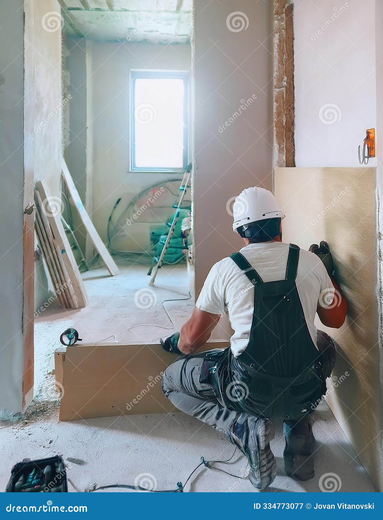 Construction Worker Installing Drywall at a Building Project Site Stock Illustration ...