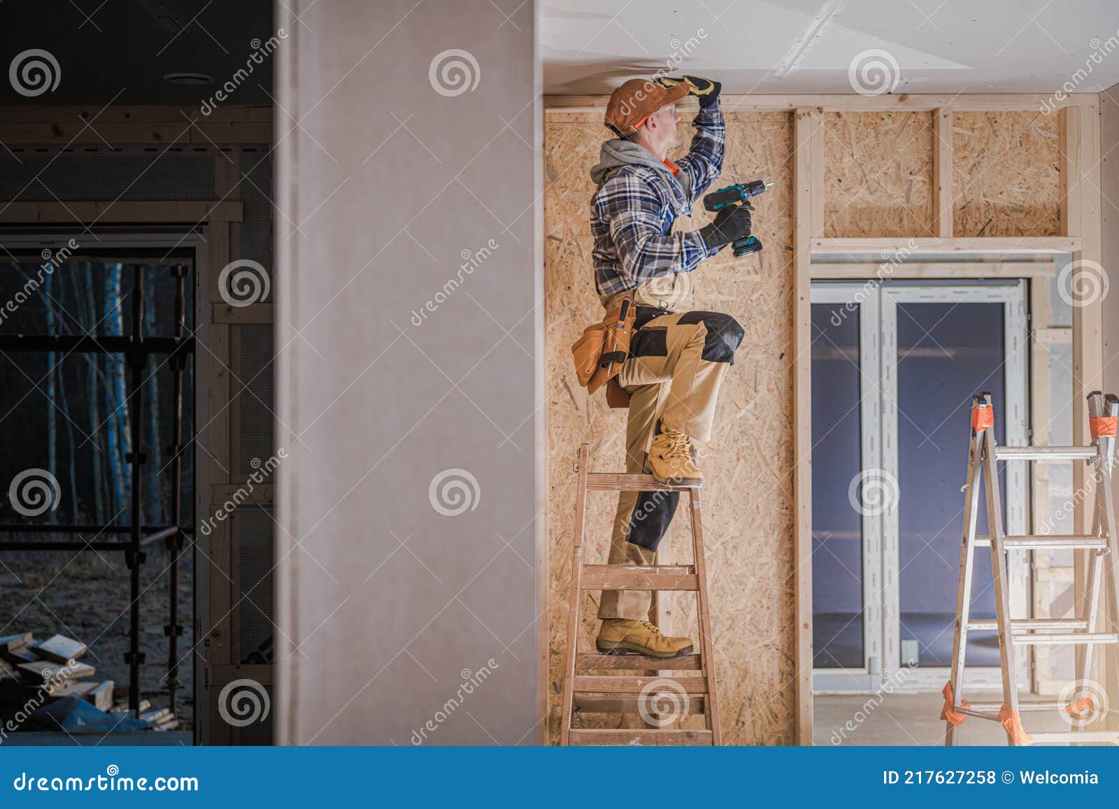 Construction Worker Installing Drywall Ceiling Elements Stock Photo ...