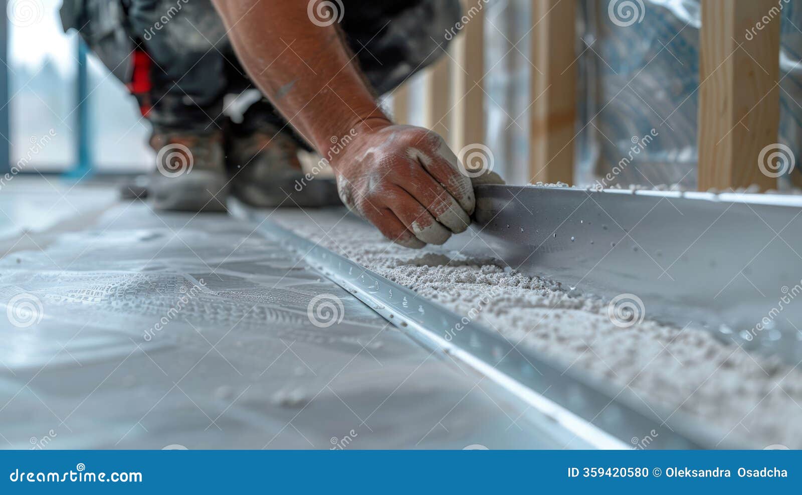 Construction Worker Installing Drywall, Focus on Hands and Tools. Stock ...