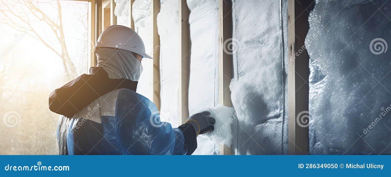 Construction Worker Installing House Wall Insulation in New Home Stock ...