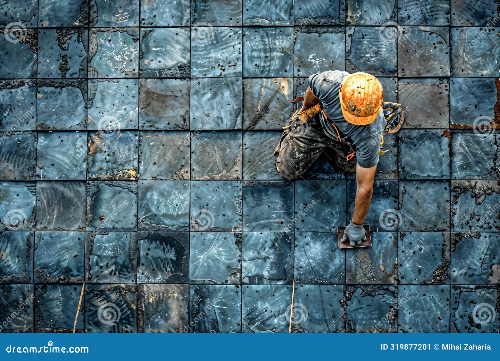 Construction Worker Installing Metal Tiles on Building Roof. Generative ...