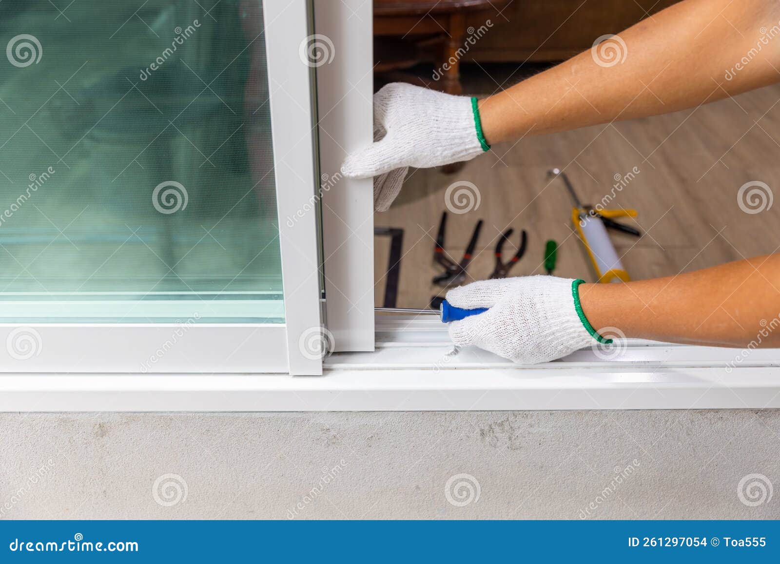 Construction Worker Installing the New Sliding Window Stock Photo ...