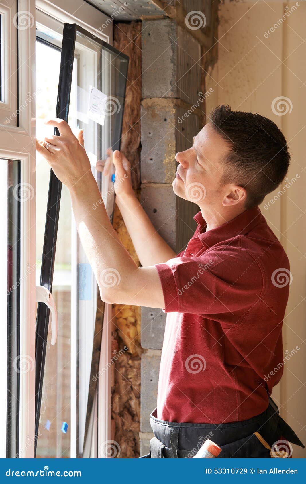 Construction Worker Installing New Windows in House Stock Image - Image ...