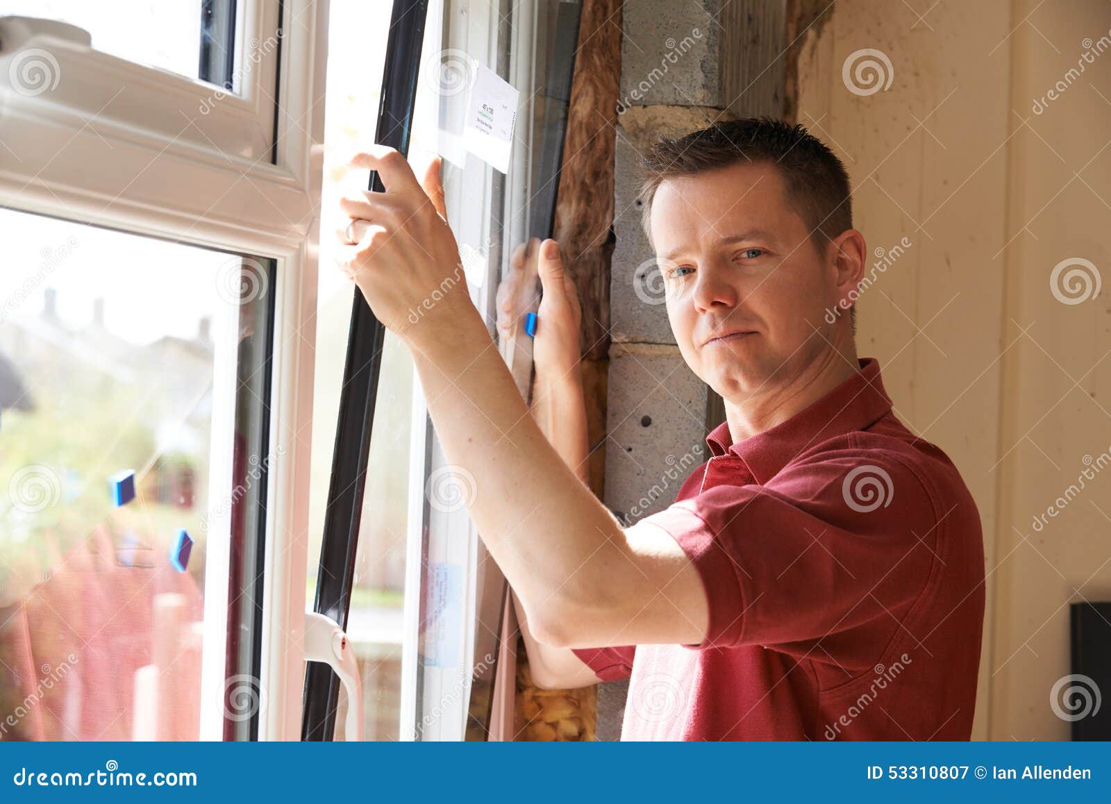 Construction Worker Installing New Windows in House Stock Image - Image ...