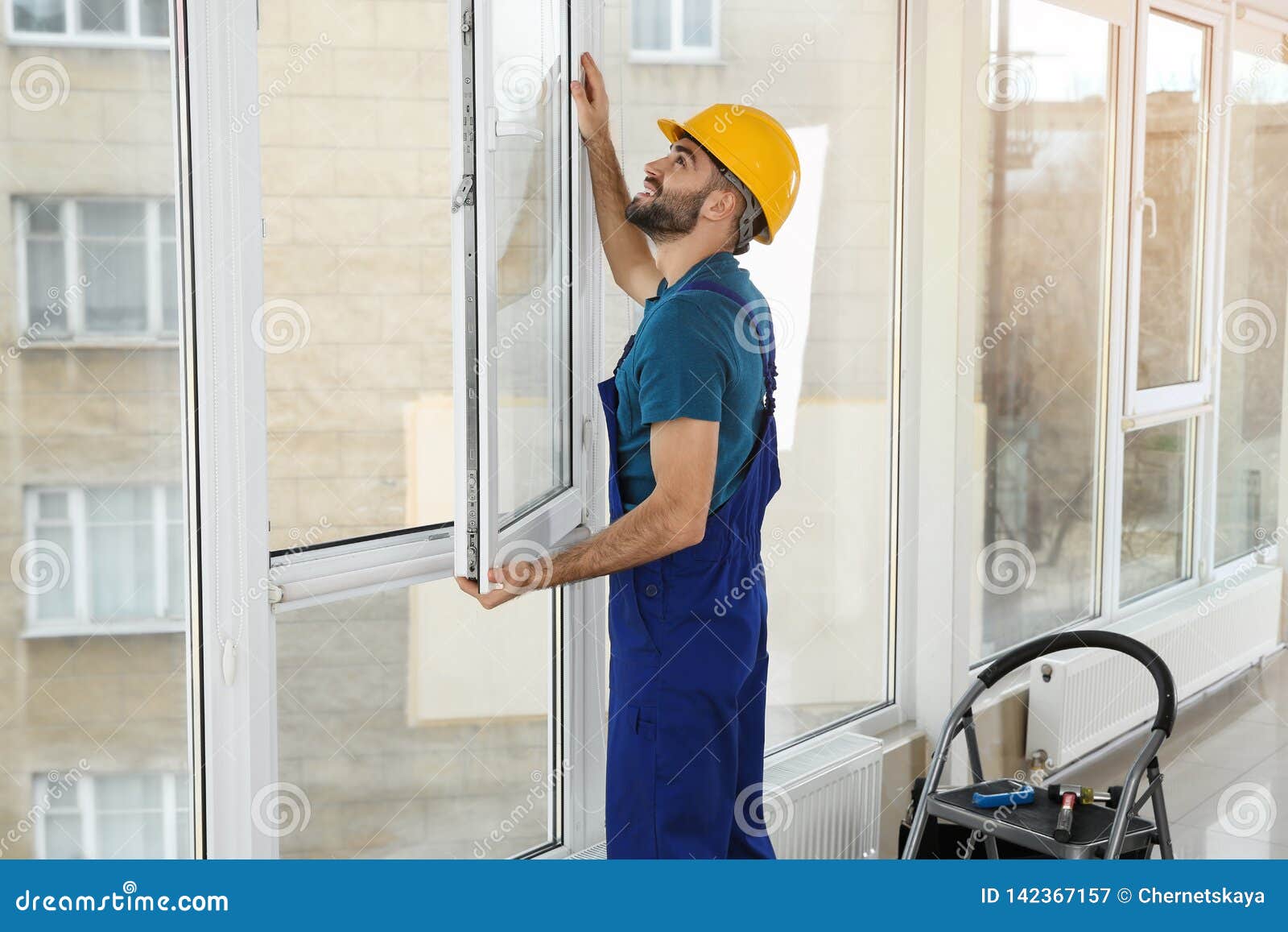 Construction Worker Installing Plastic Window Stock Image - Image of ...