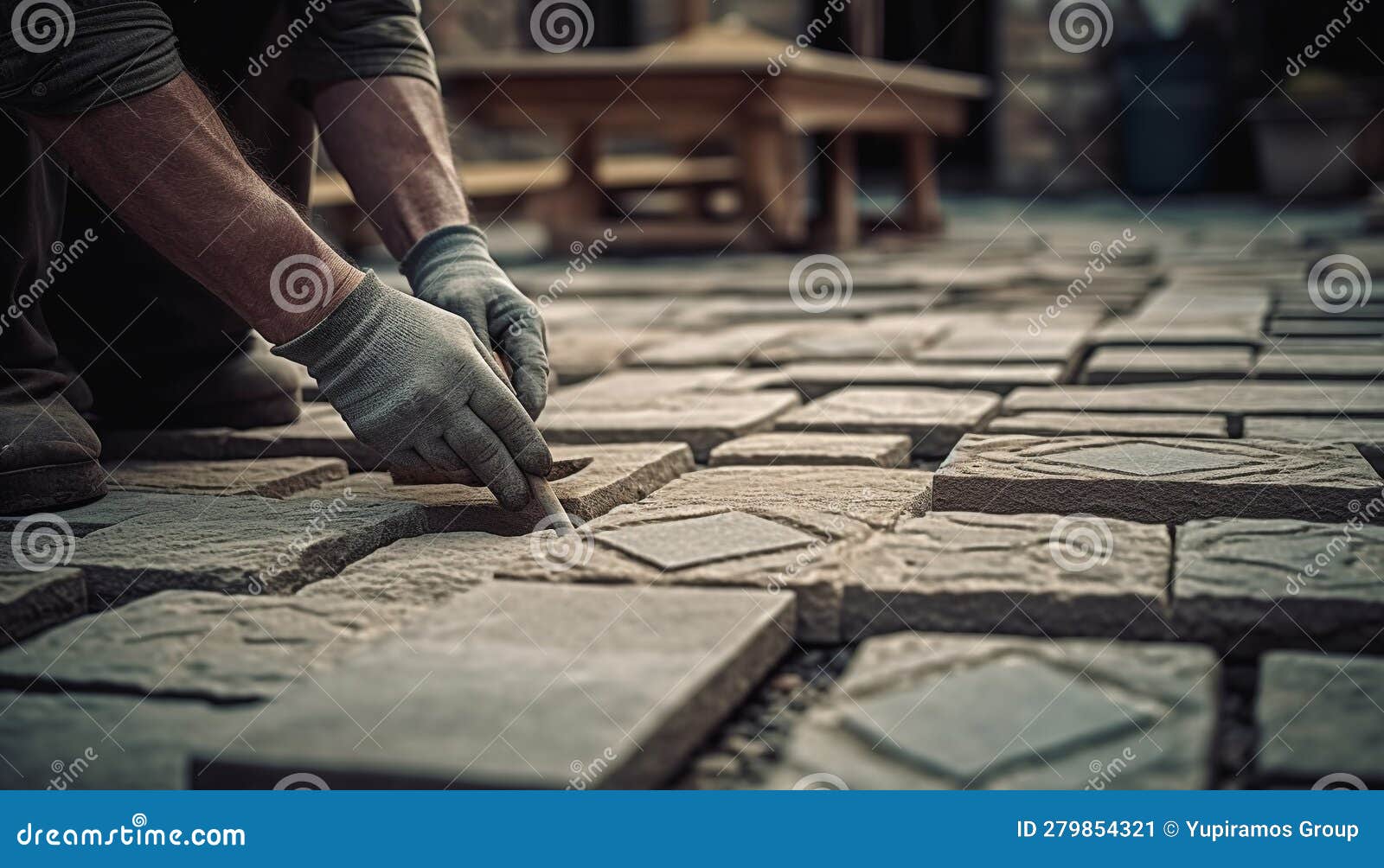Construction Worker Installing Tile Flooring with Rough Stone Material ...