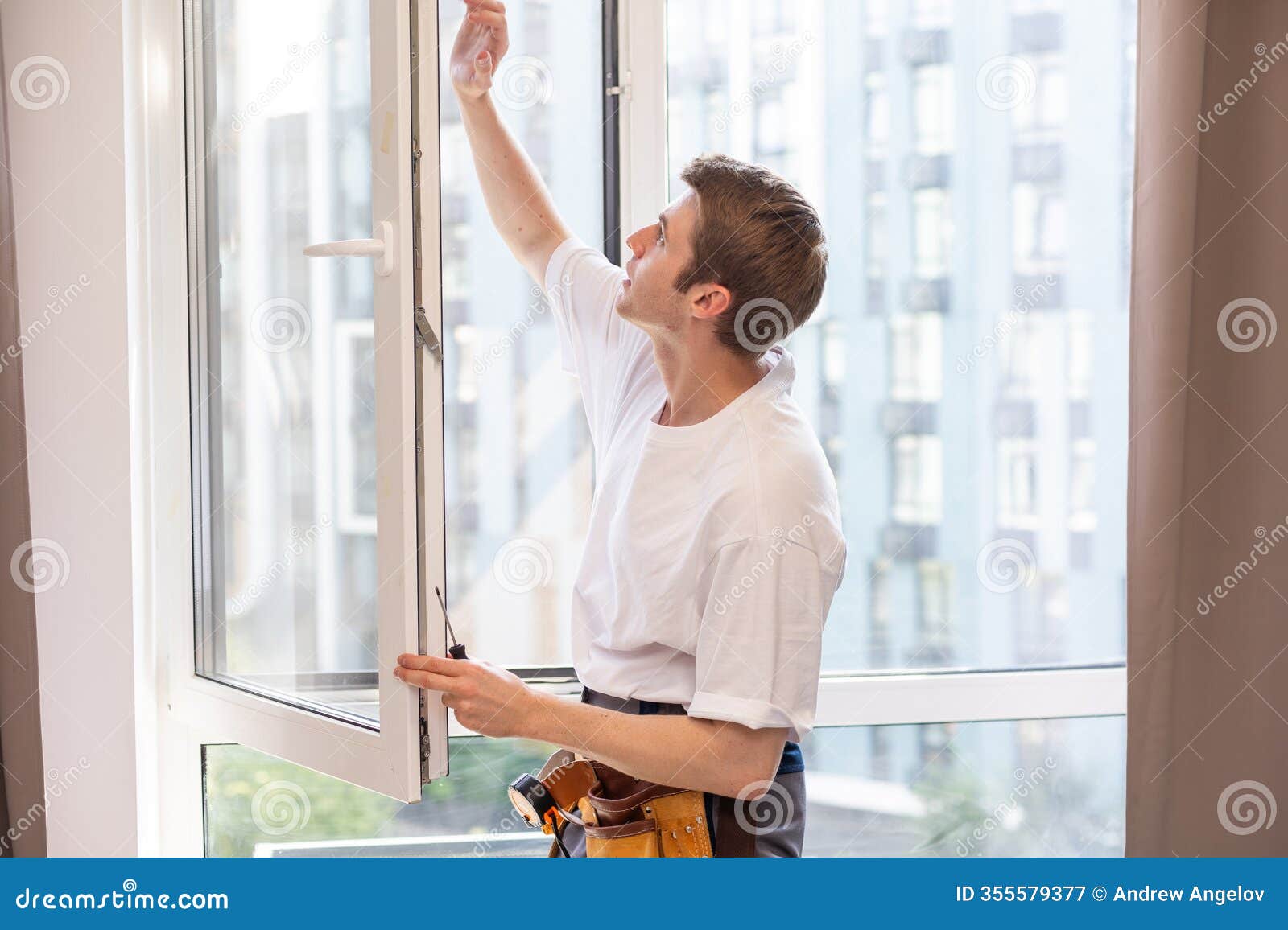 Construction Worker Installing Window in House. Stock Image - Image of ...