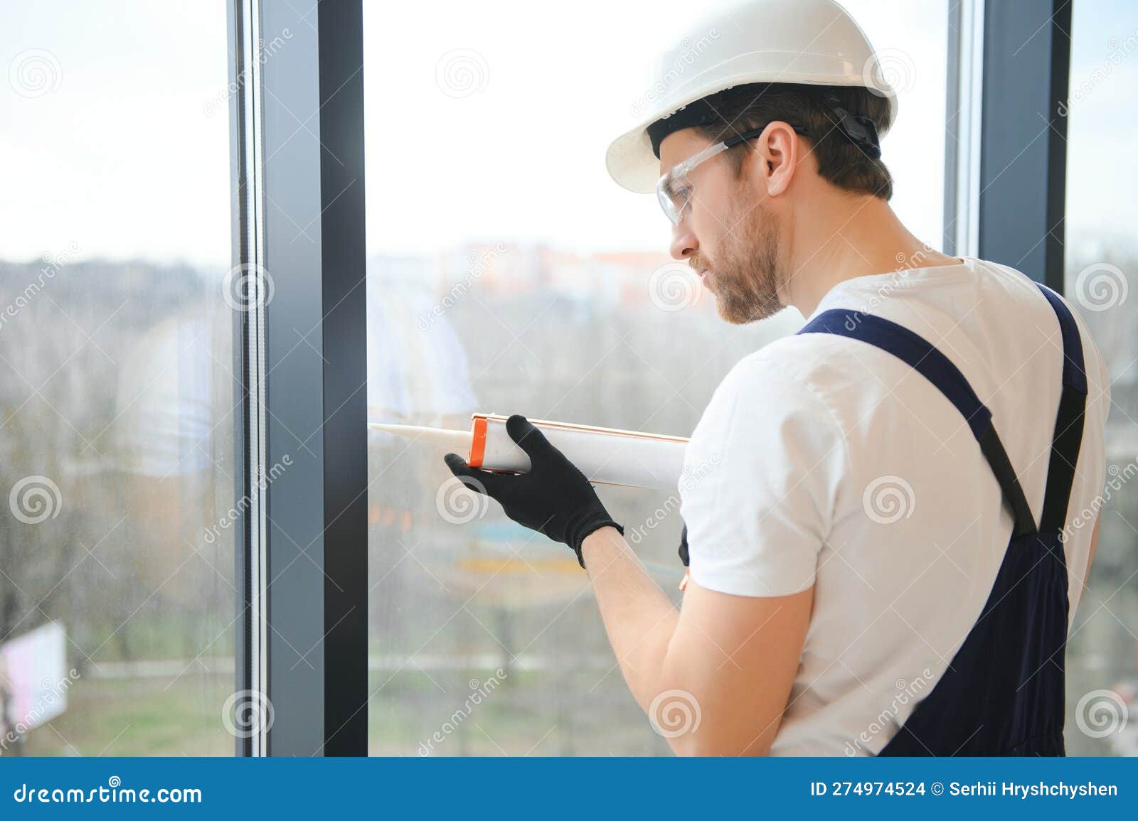 Construction Worker Installing Window in House. Stock Photo - Image of ...