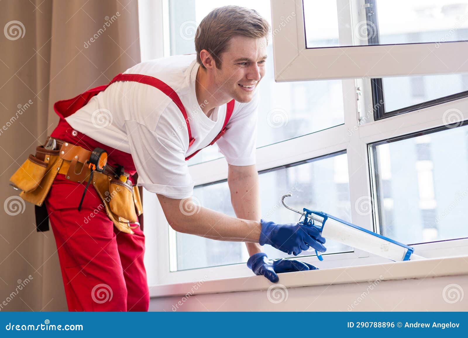 Construction Worker Installing Window in House Stock Photo - Image of ...