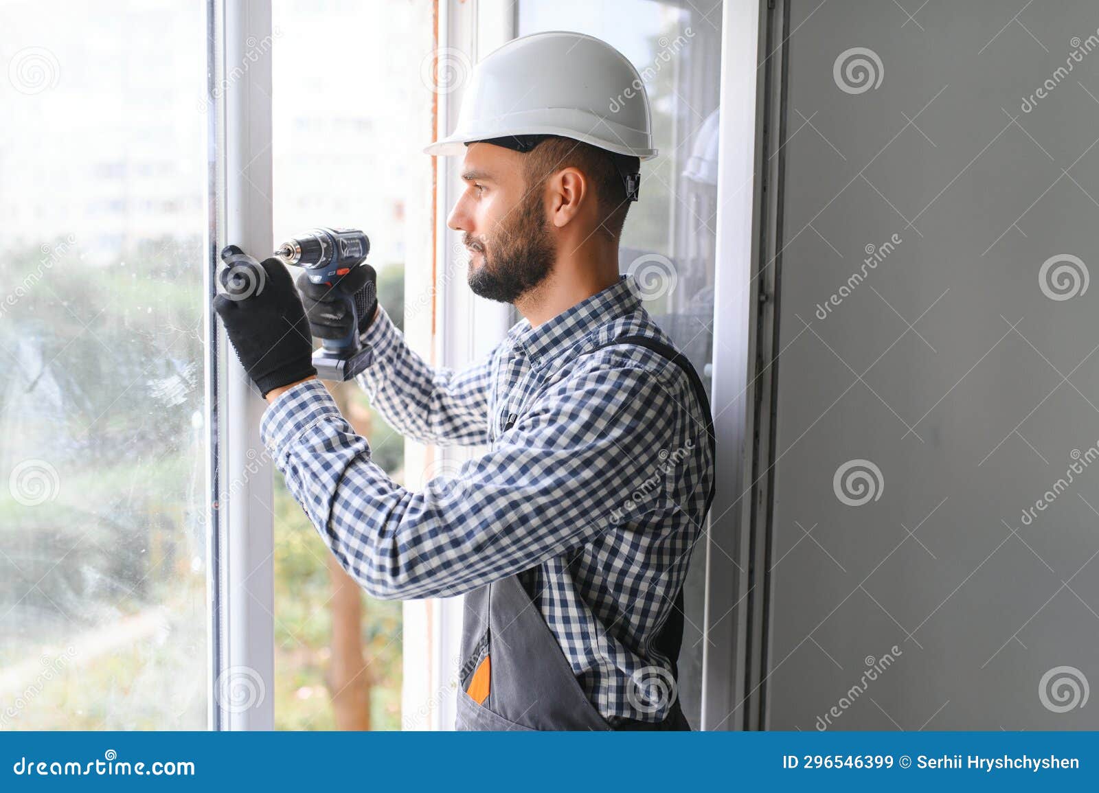 Construction Worker Installing Window in House. Stock Image - Image of ...