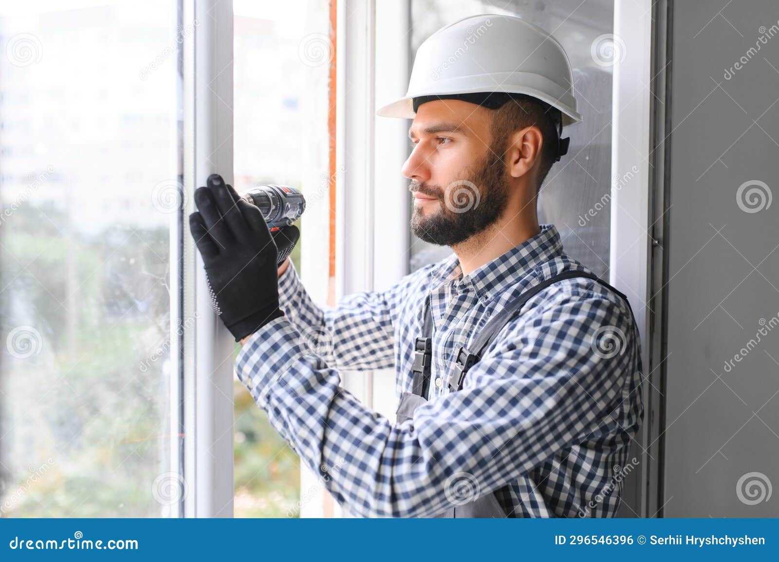 Construction Worker Installing Window in House. Stock Photo - Image of ...