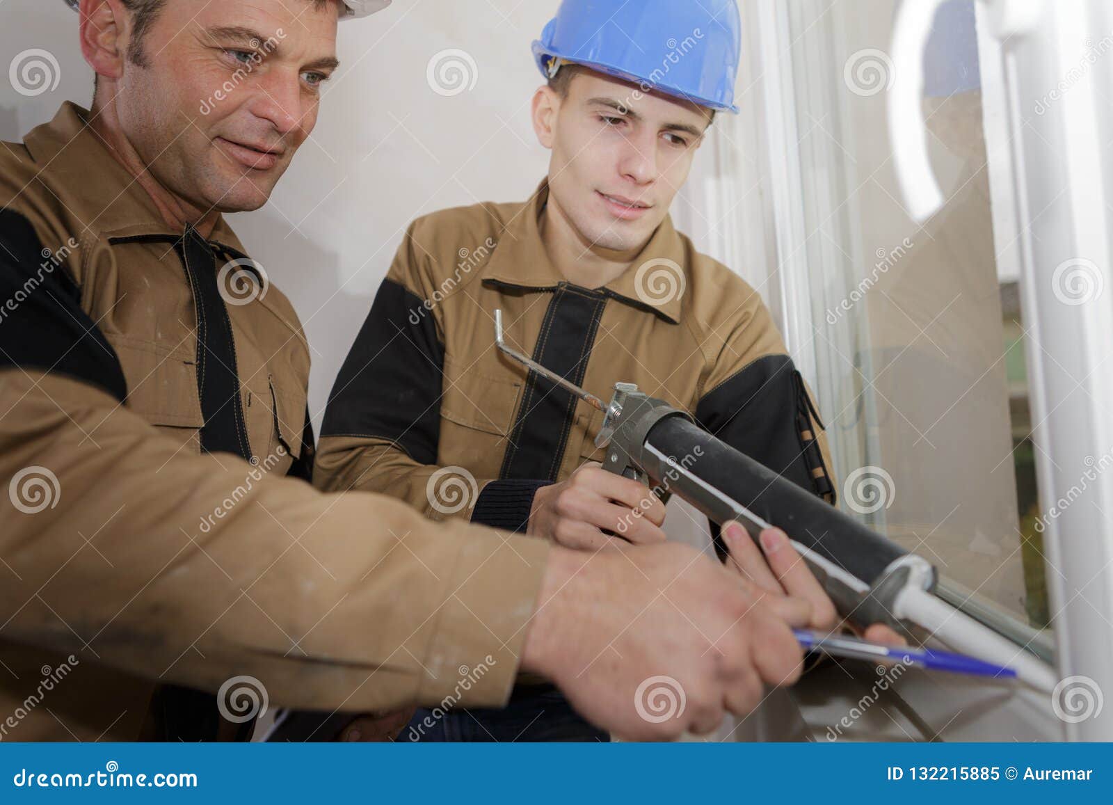 Construction Worker Installing Window in House Stock Image - Image of ...