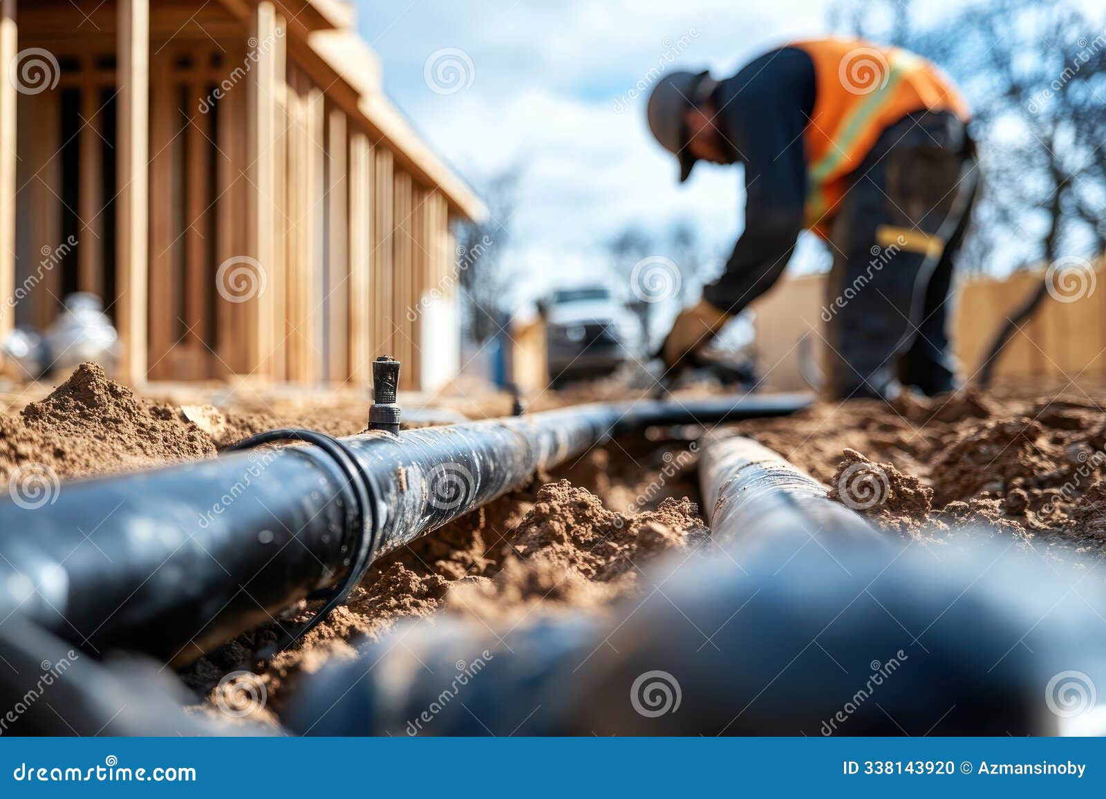 A Construction Worker Installs Pipes on a Building Site, Focusing on ...