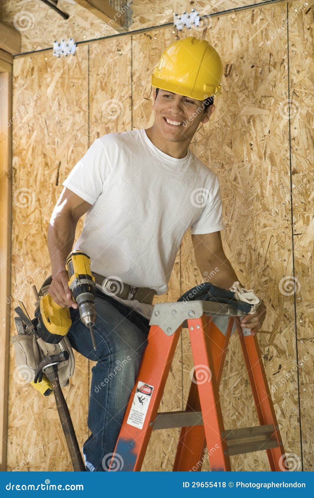 Construction Worker on Ladder Stock Photo - Image of hispanic, helmet ...