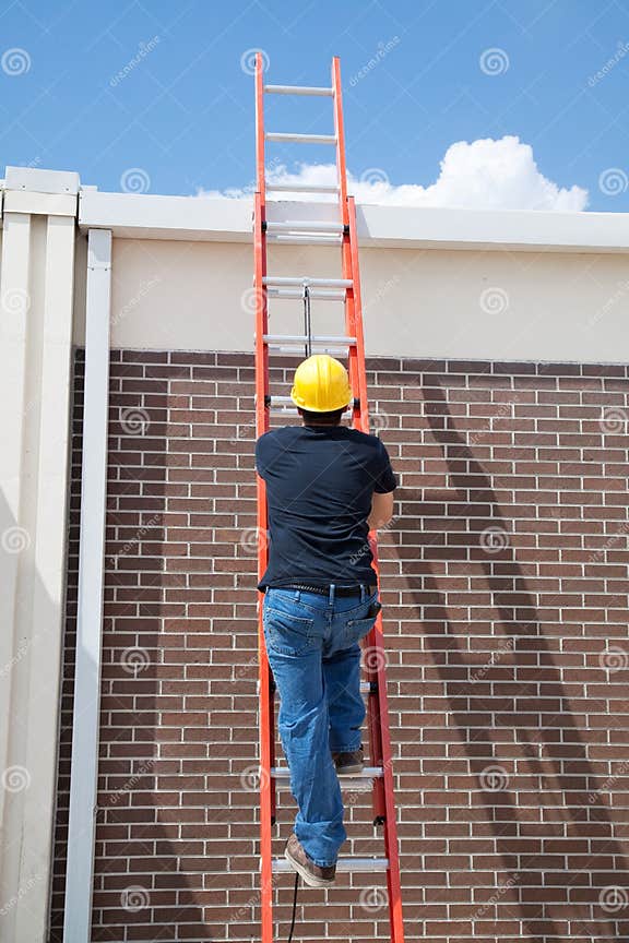 Construction Worker on Ladder Stock Photo - Image of equipment, ladder ...