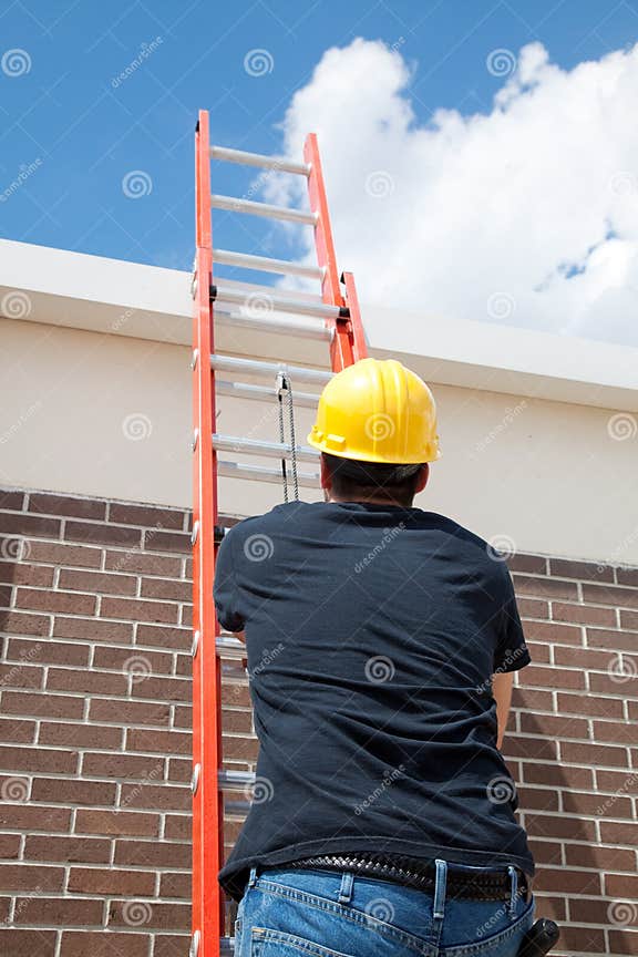 Construction Worker on Ladder Stock Image - Image of blue, electrician ...