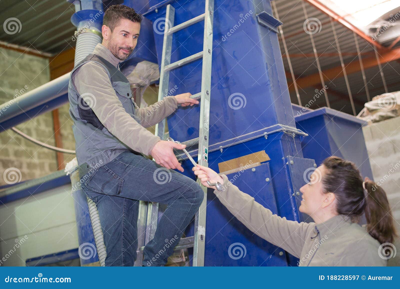 Construction Worker on Ladder with Female Colleague Stock Image - Image ...