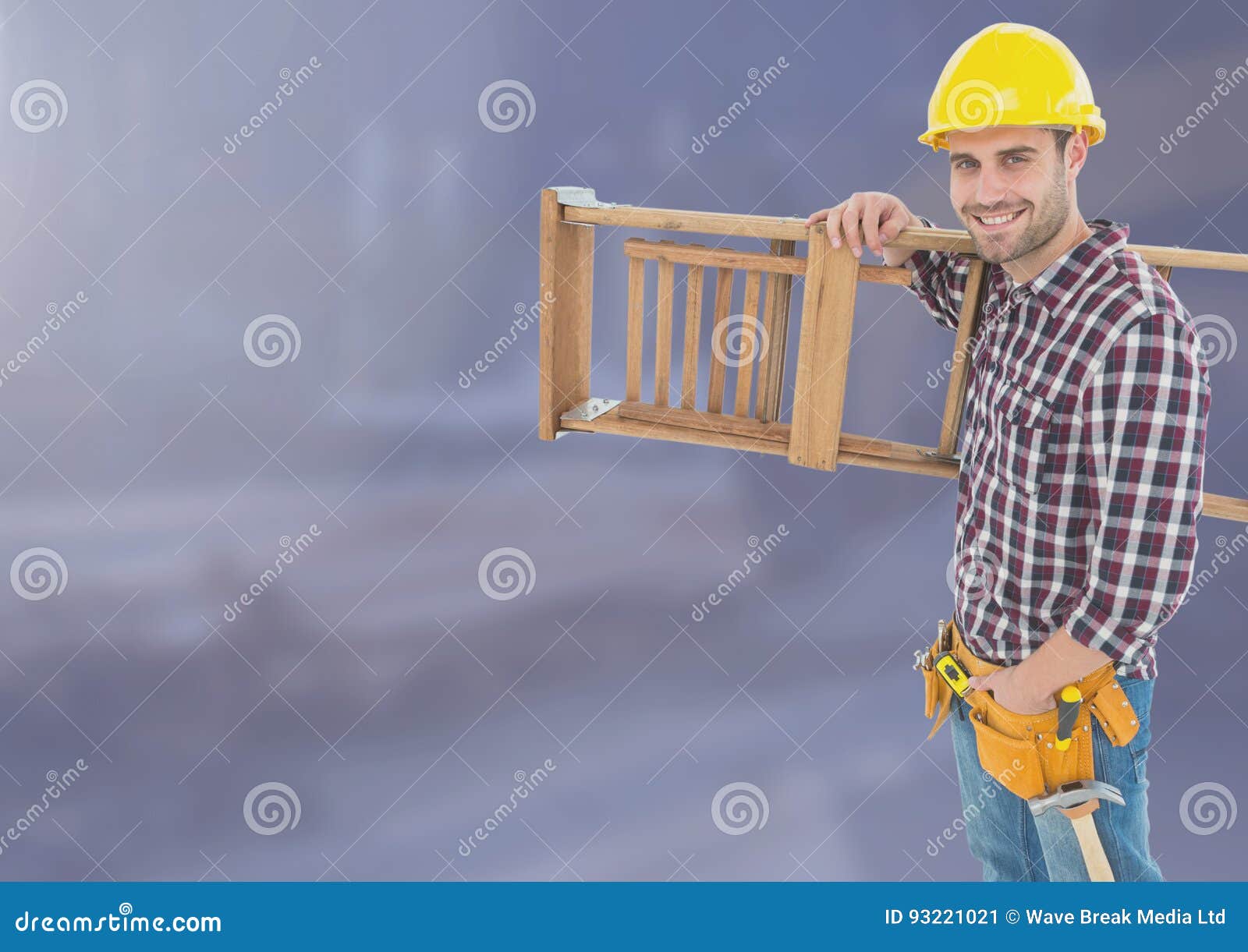 Construction Worker with Ladder in Front of Construction Site Stock ...
